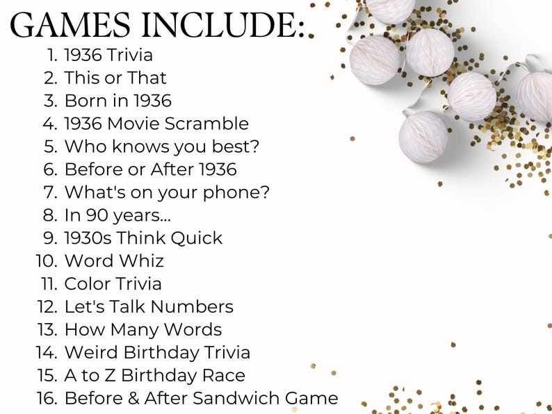 90th Birthday Party Games, Born in 1936 Game, 1936 Birthday Games, 90th ...