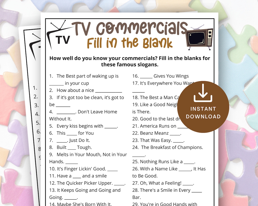 TV Commercial Trivia Game, Ad Slogan Fill in the Blank Quiz, Printable ...