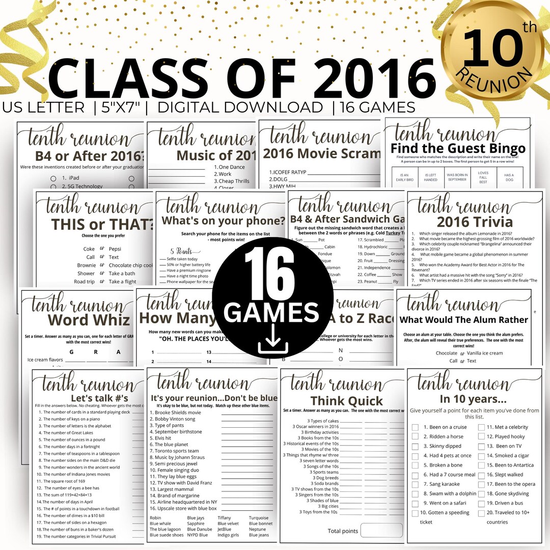 10th Reunion Party Games, Class of 2016 Game Bundle, 2016 Class Reunion ...