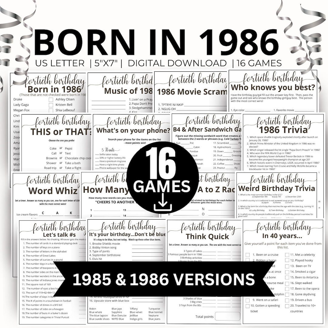 40th Birthday Party Games, Born in 1986 Game, 1985 Birthday Games, 40th ...
