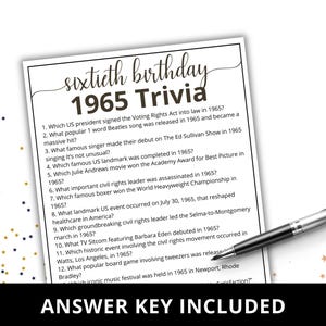 1965 Trivia Game, 60th Birthday Party Games, Born in 1965 Game, 1965 ...