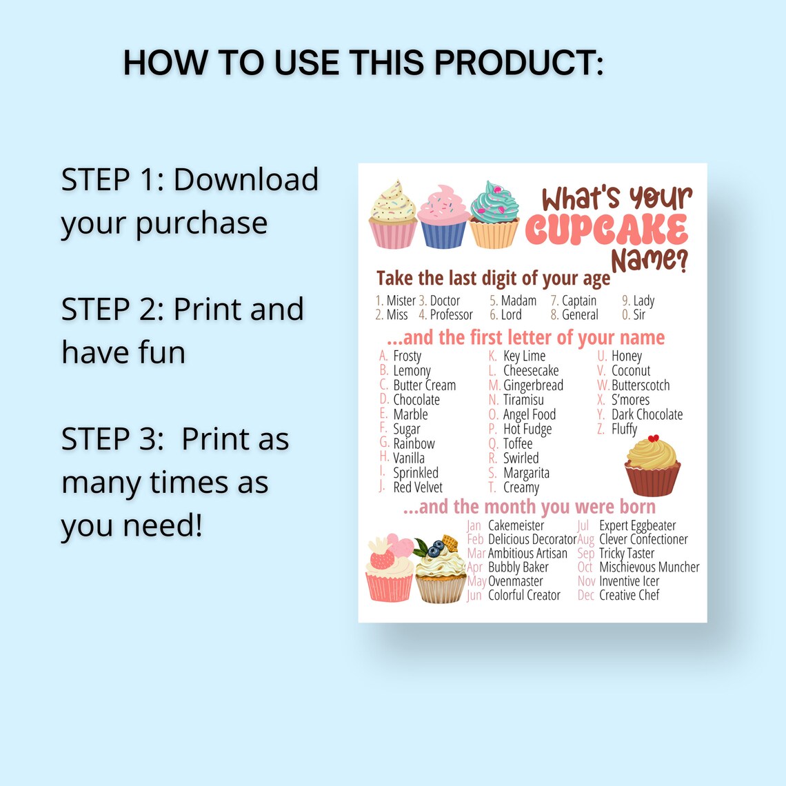 What's Your Cupcake Name Game WITH NAMETAGS SIGN, Cupcake Birthday ...