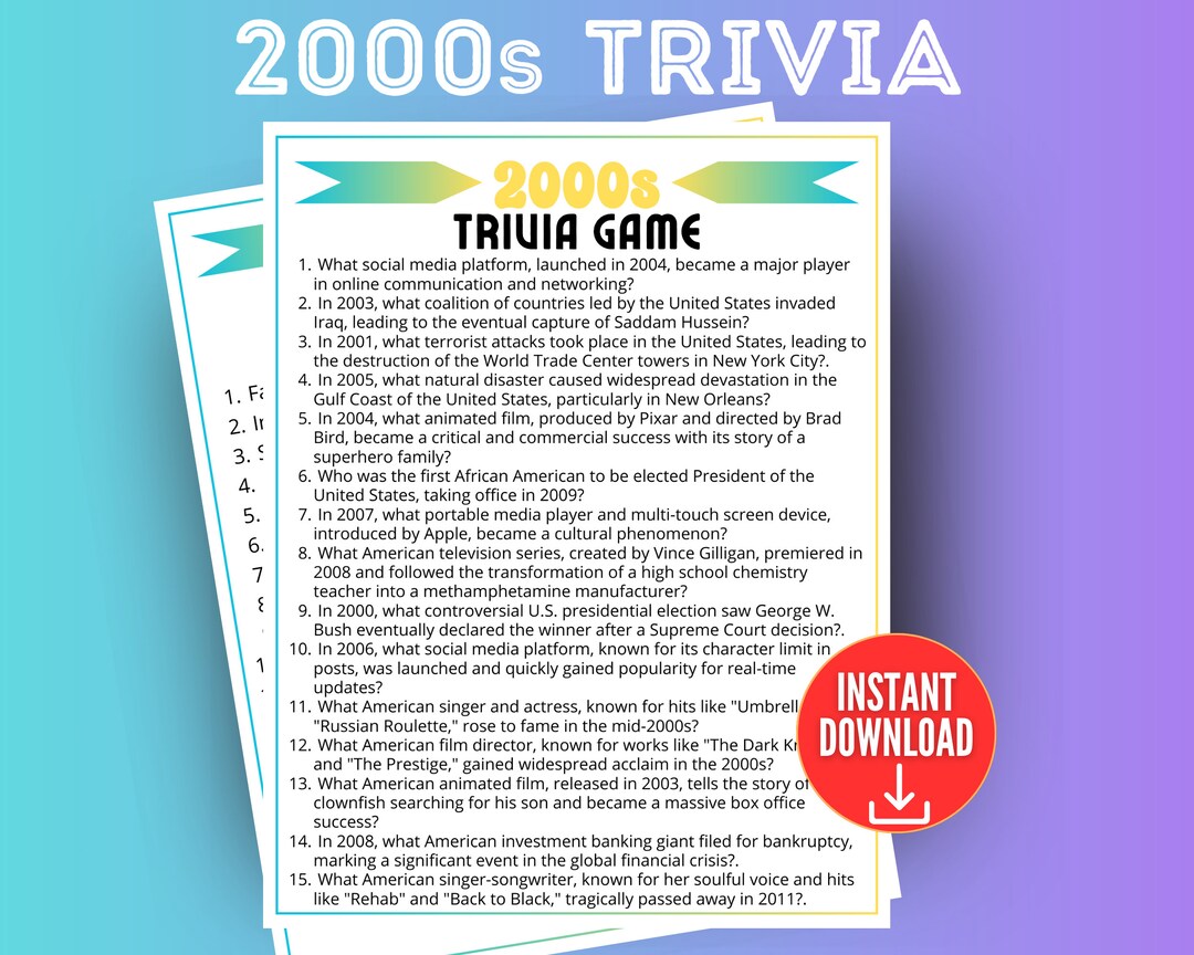 2000s Decade Trivia Game, Trivia Questions, 2000s Trivia Quiz, 2000s ...