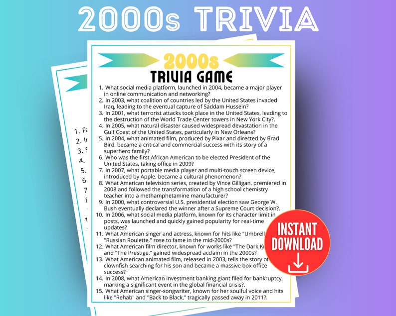 2000s Decade Trivia Game, Trivia Questions, 2000s Trivia Quiz, 2000s ...