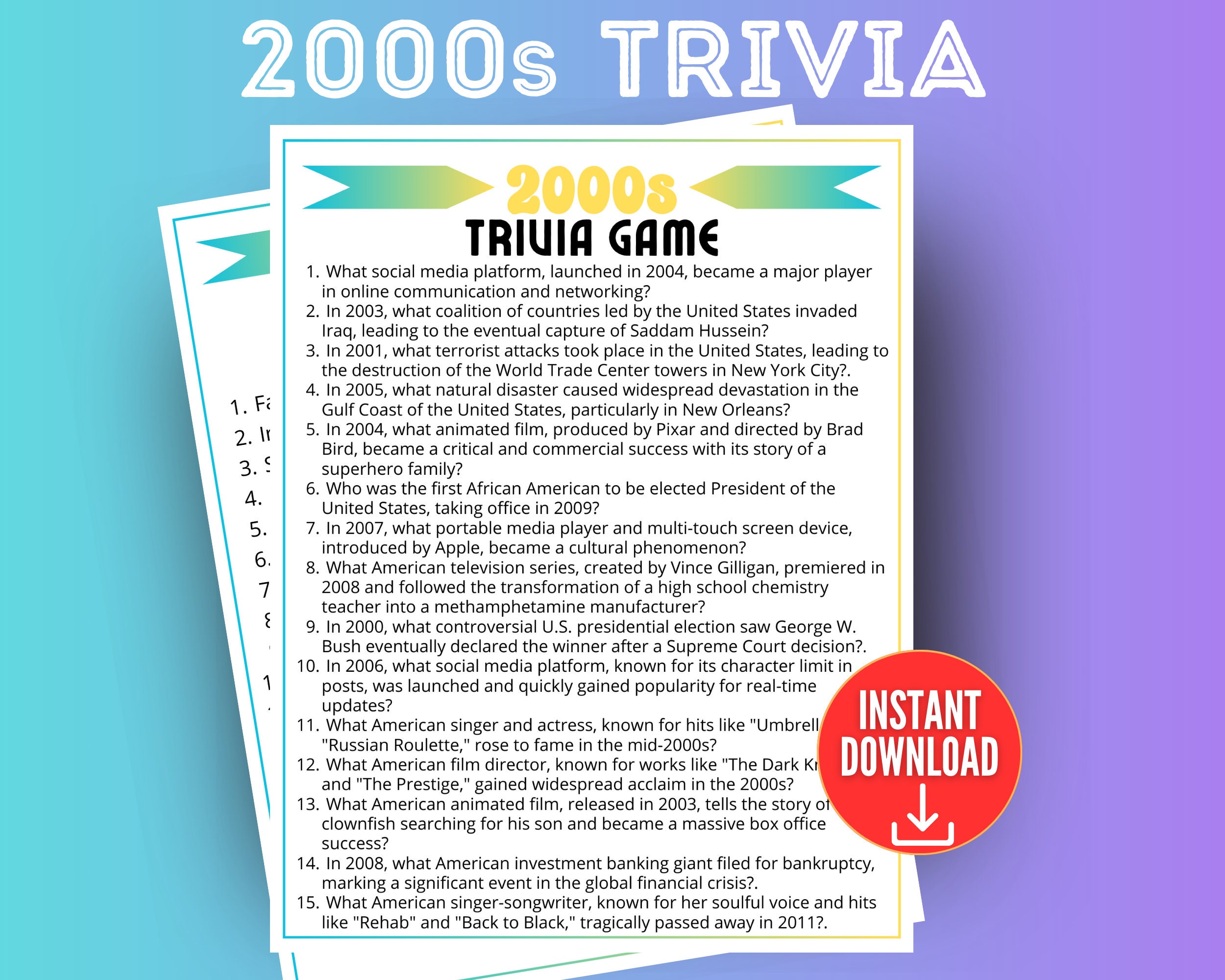 2000s Decade Trivia Game, Trivia Questions, 2000s Trivia Quiz, 2000s ...