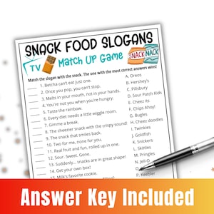 Snack Food Slogan Trivia Game,ad Slogan Match up Quiz,printabletv ...