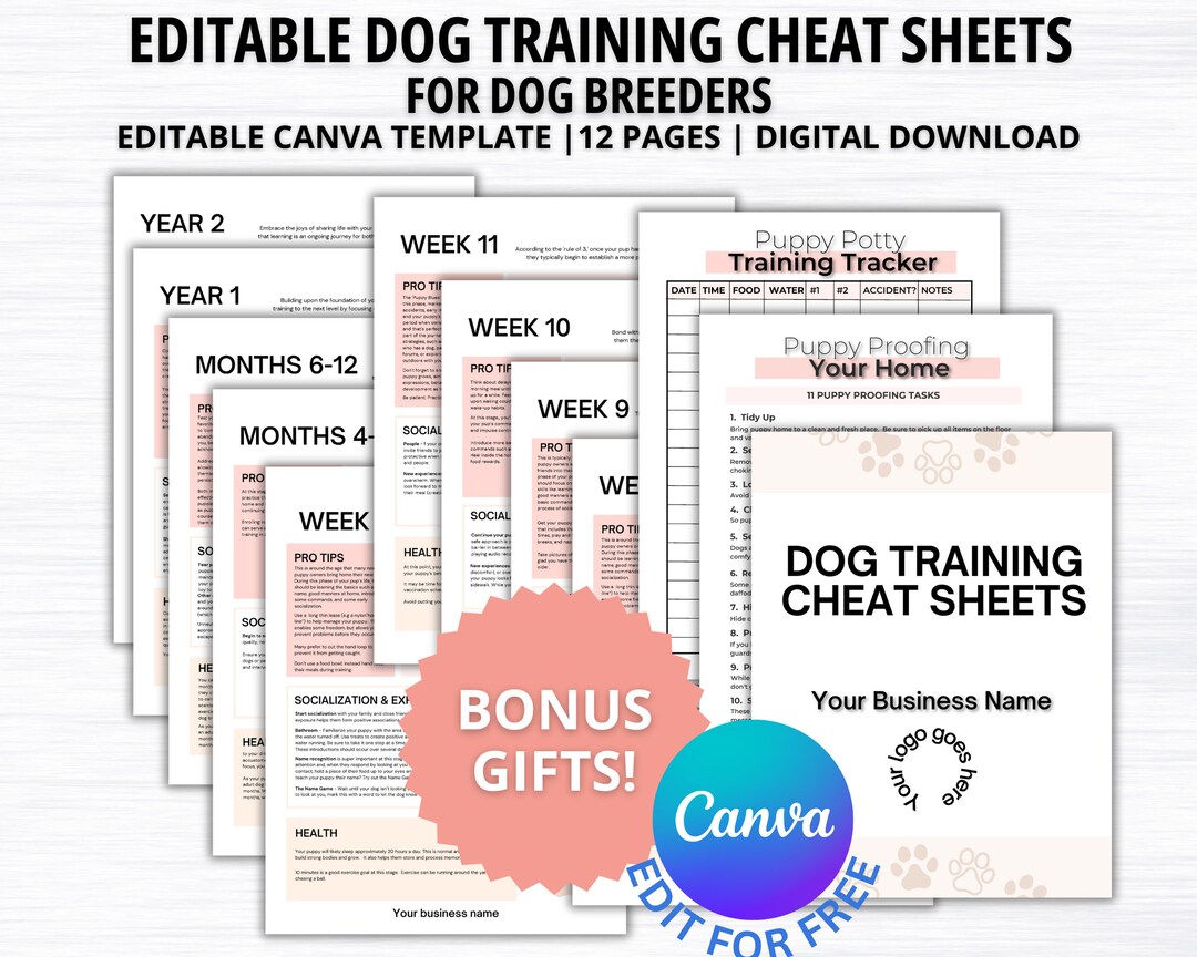 Editable Dog Training Cheat Sheets for Breeders, Dog Training Handbook ...