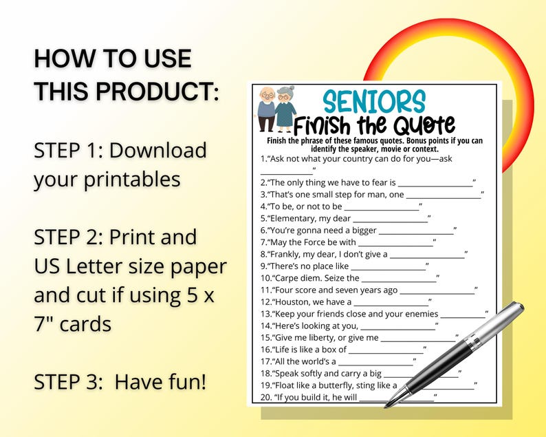 Senior Finish the Quote Trivia Game,memory Quiz for Older Adults ...