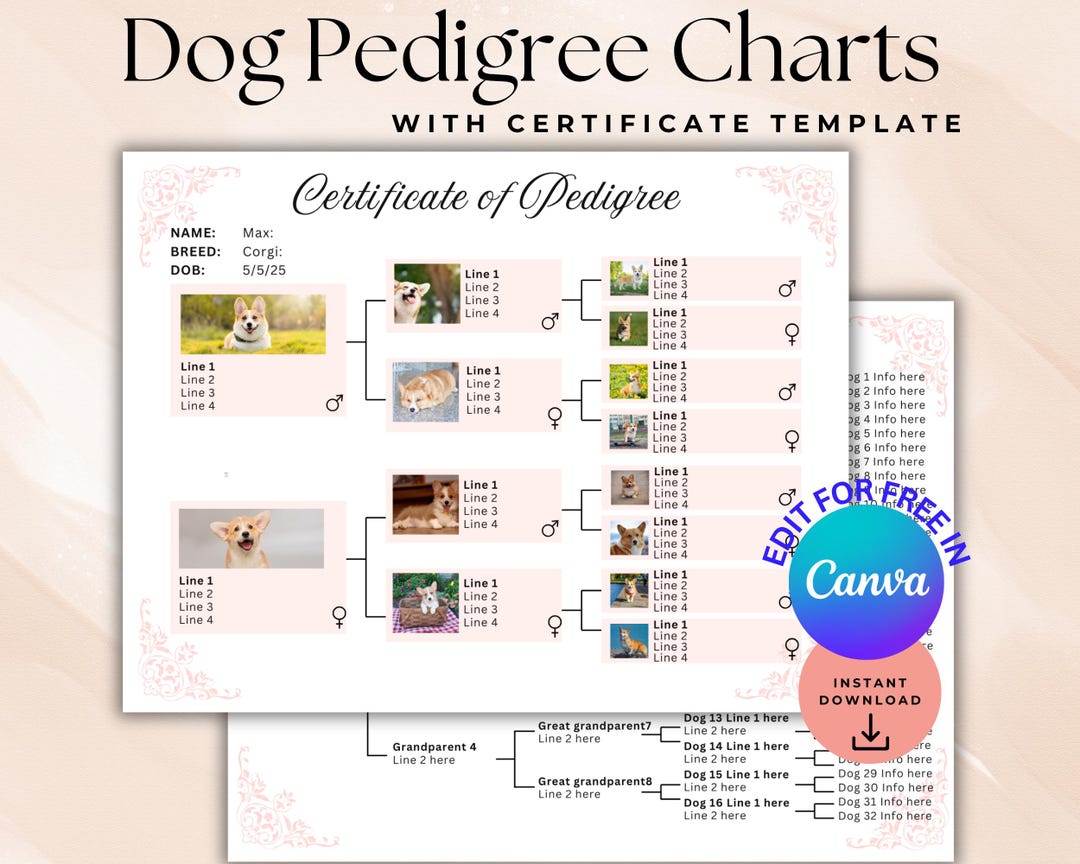 Editable Dog Pedigree Charts, Puppy Certificate of Pedigree, Dog ...