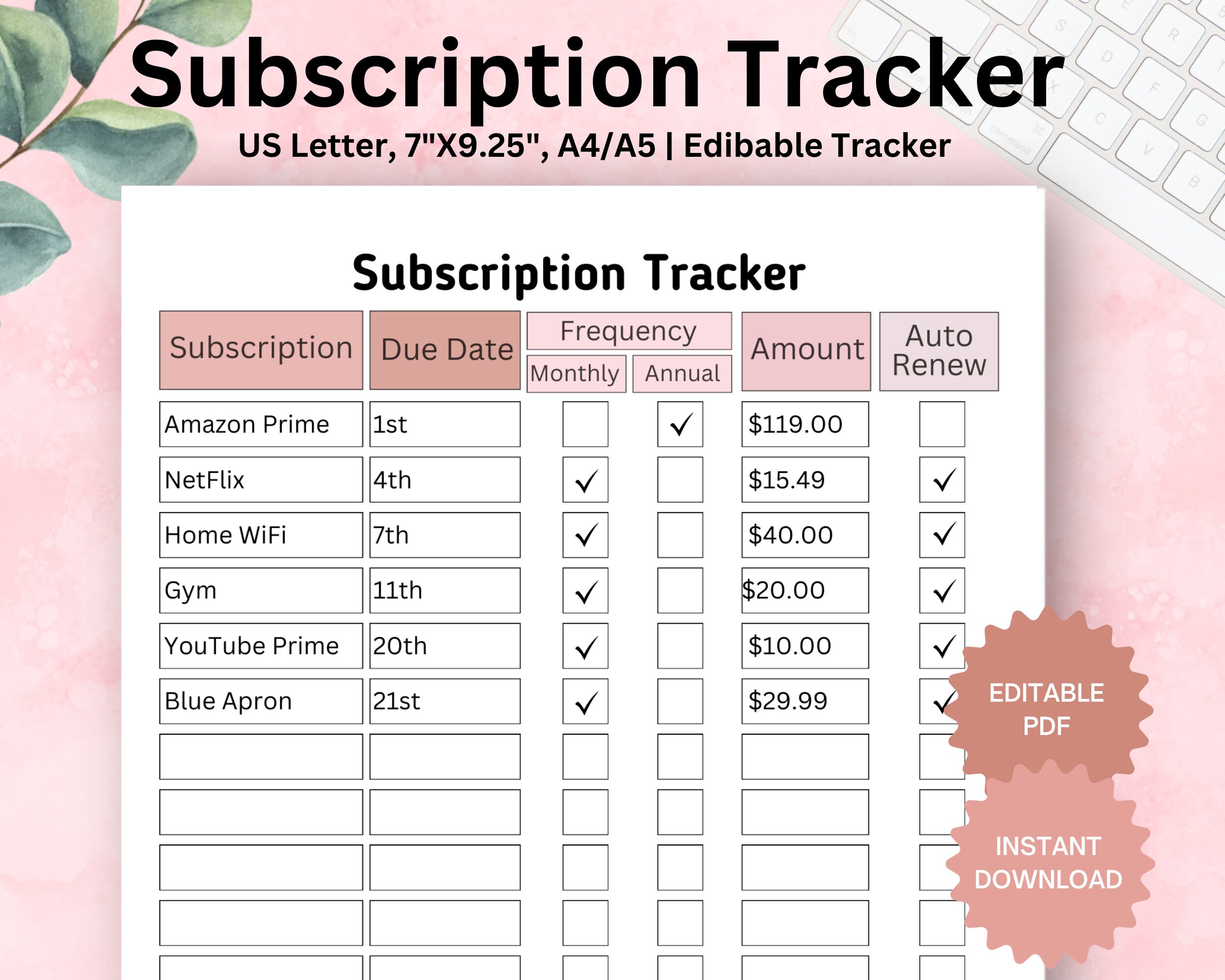 Editable Subscription Tracker Printable Subscription Log - Etsy