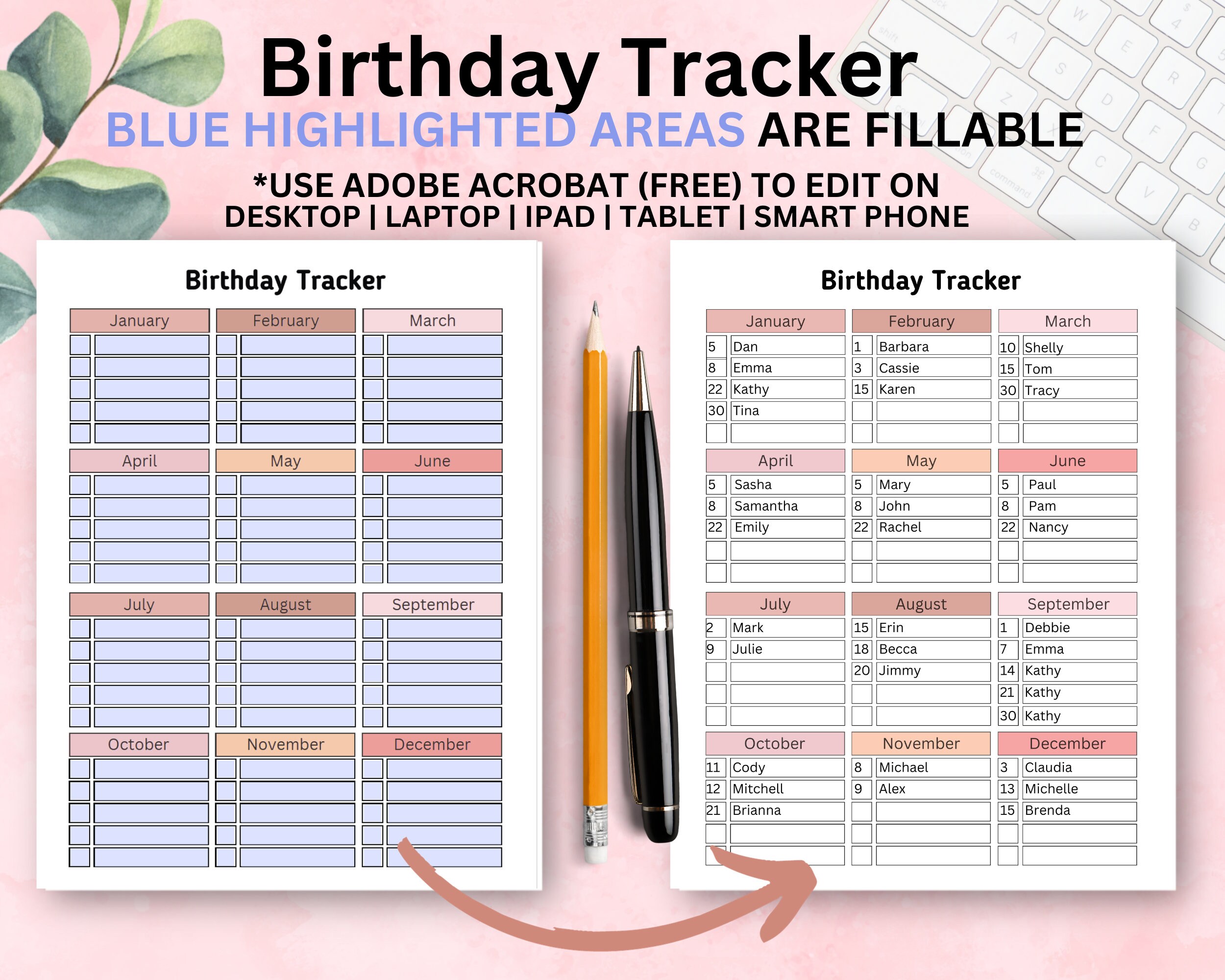 Editable Birthday Tracker, Printable Birthday List,birthday Chart ...