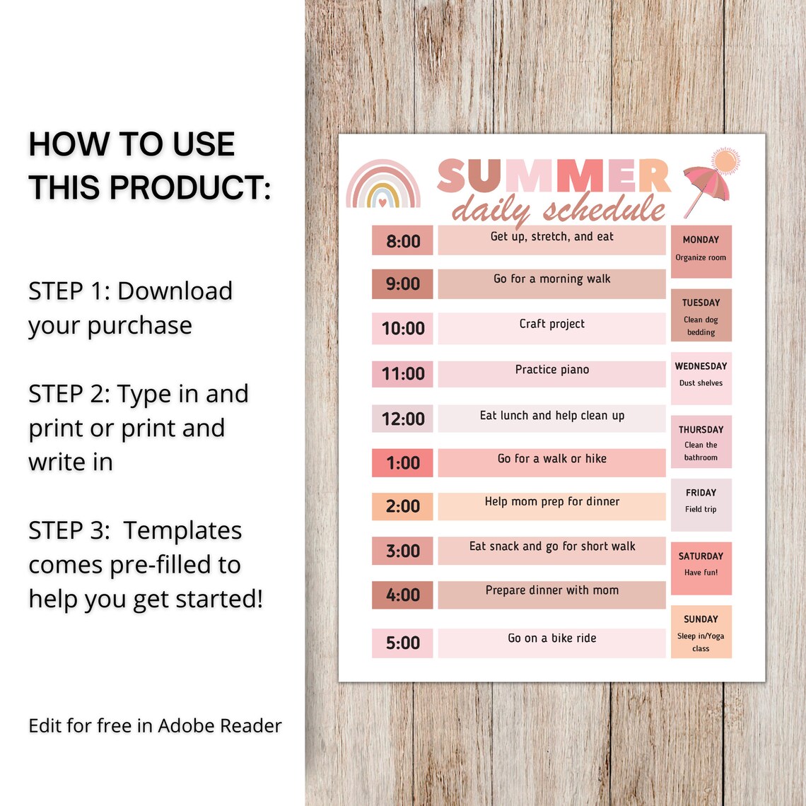 Summer Daily Schedule, Daily Routine Editable PDF - Etsy