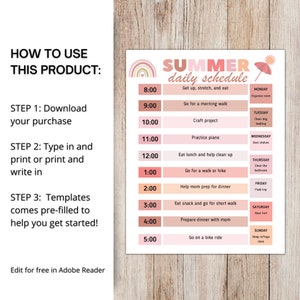Summer Daily Schedule, Daily Routine - Editable PDF - Etsy