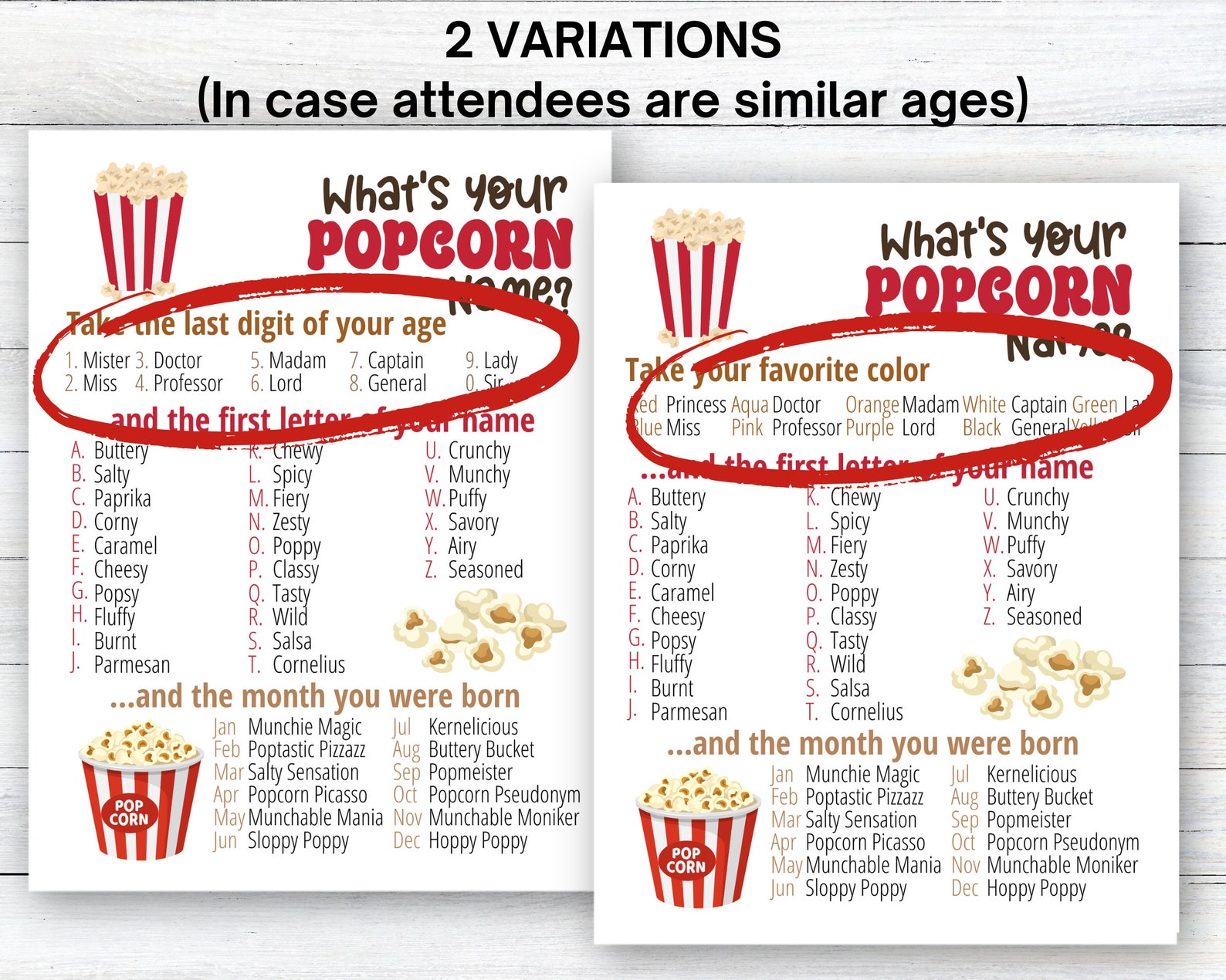 What's Your Popcorn Name Game WITH NAMETAGS SIGN, Popcorn Party Game ...