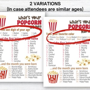 What's Your Popcorn Name Game WITH NAMETAGS + SIGN, Popcorn Party Game ...