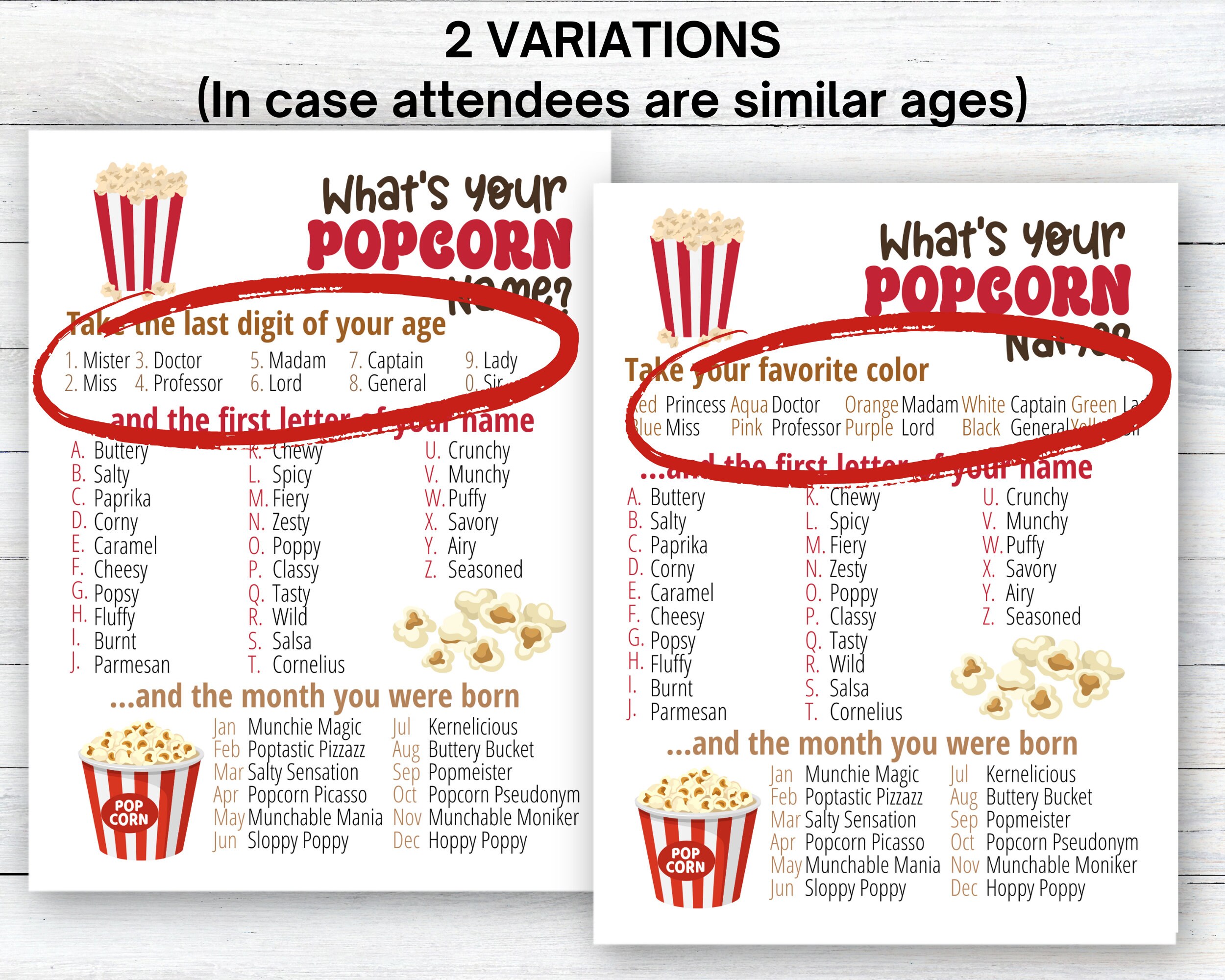 What's Your Popcorn Name Game WITH NAMETAGS + SIGN, Popcorn Party Game ...