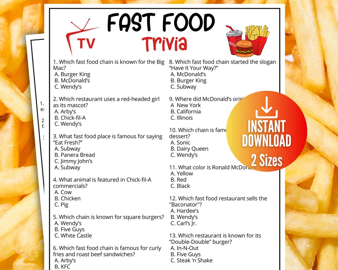 Fast Food Trivia Game, Quick Serve Ad Slogan Quiz,printable TV ...