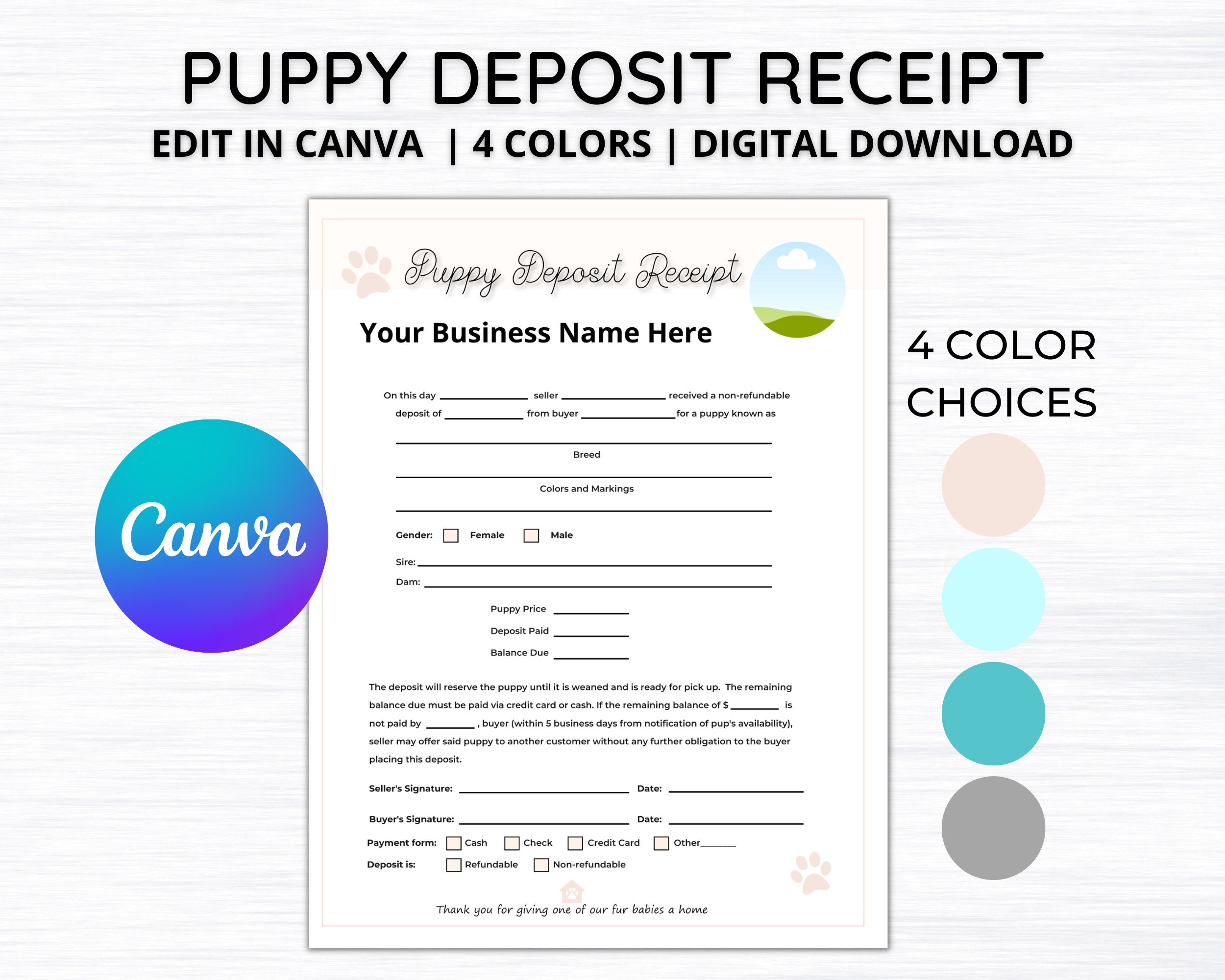 Editable Puppy Deposit Receipt, Dog Breeder Records, Dog Breeder Forms ...