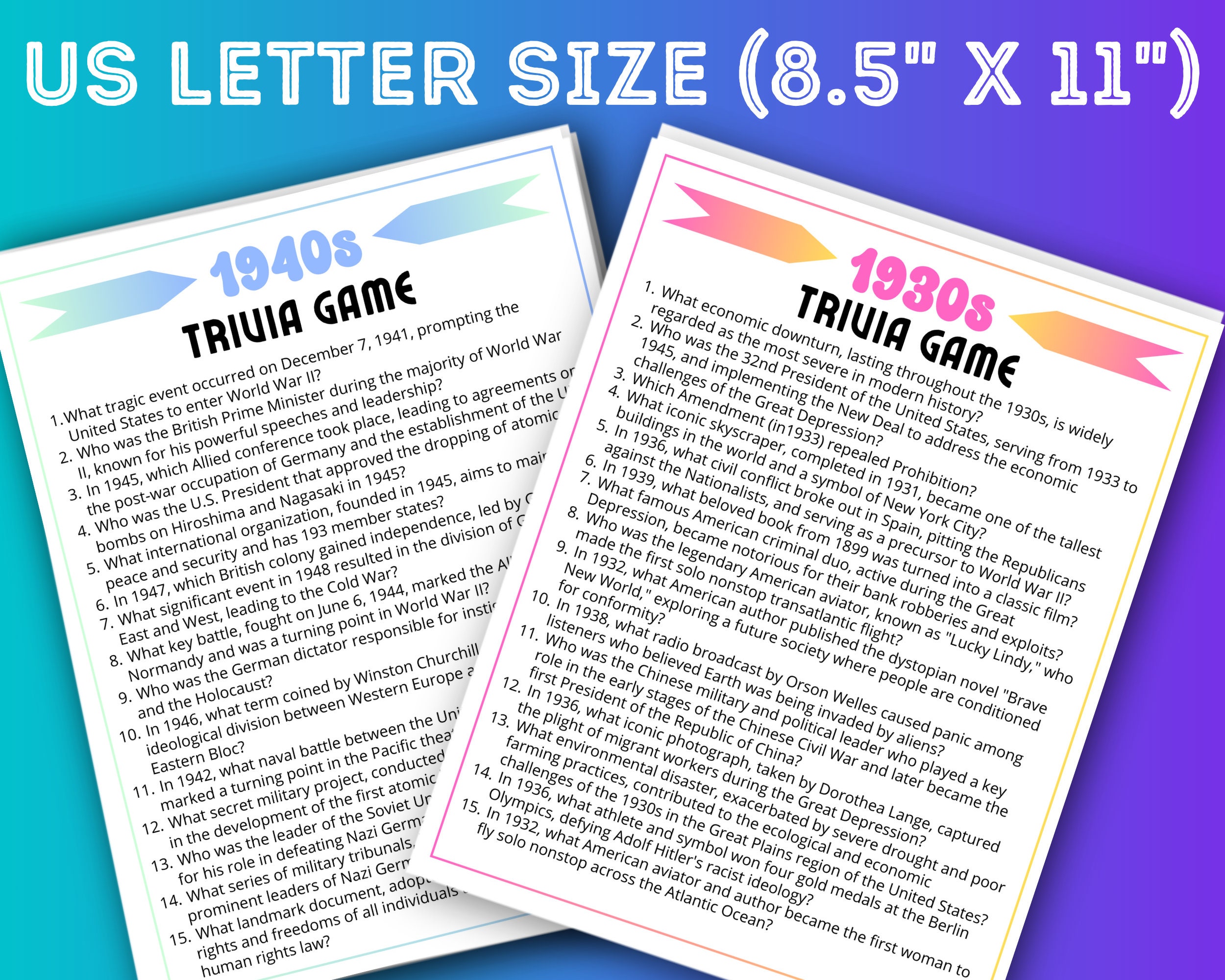 Decades Trivia Game Bundle, Trivia Questions 20s, 30s, 40s, 50s, 60s ...