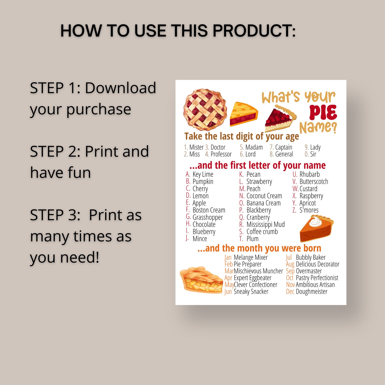 What's Your Pie Name Game WITH NAMETAGS + SIGN, Pie Holiday Party Game ...