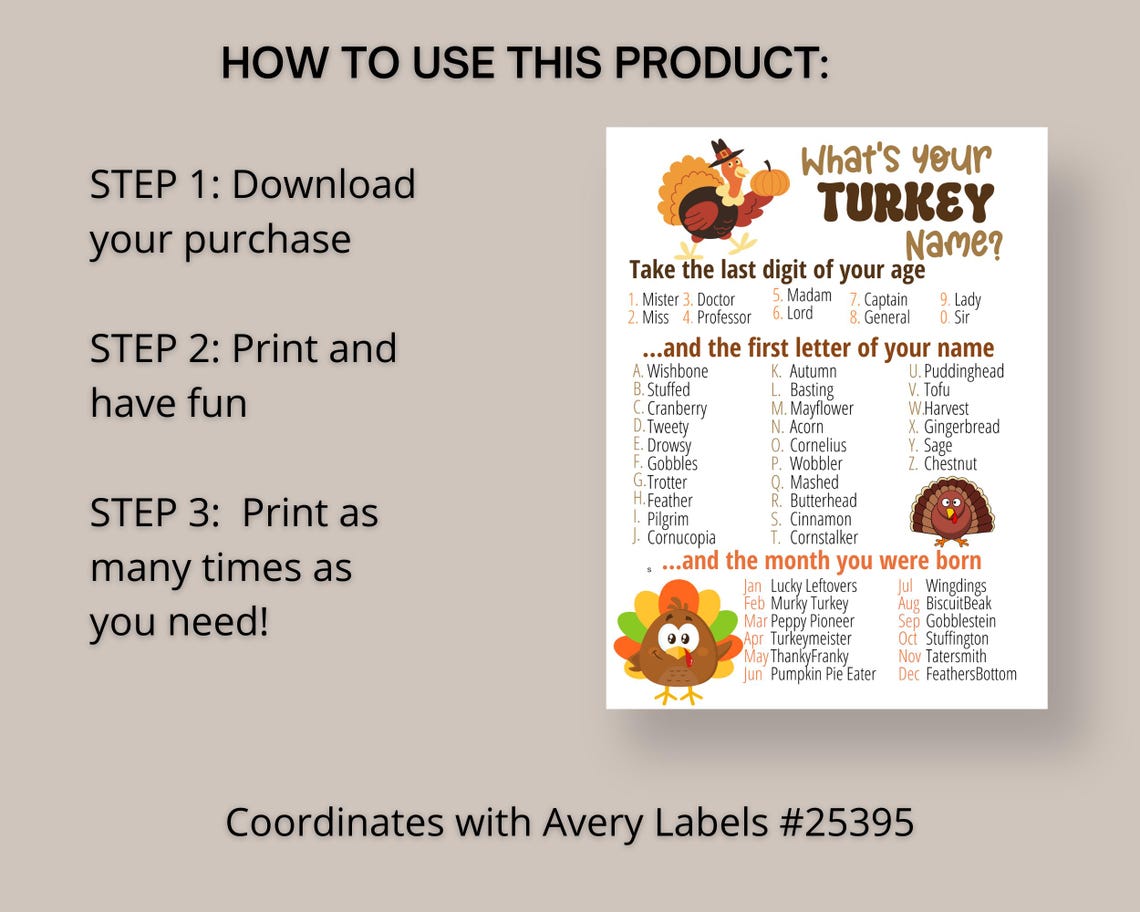 What's Your Turkey Name Game WITH NAMETAGS + SIGN, Thanksgiving Game ...