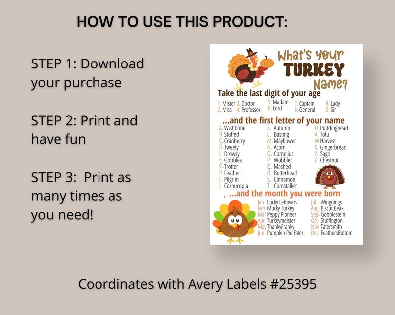 What's Your Turkey Name Game WITH NAMETAGS + SIGN, Thanksgiving Game ...