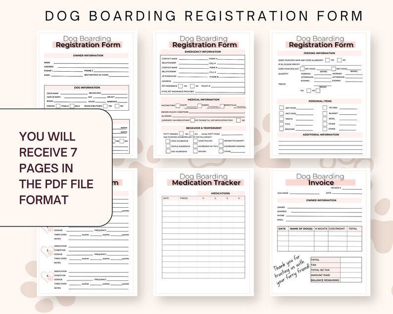 Dog Boarding Registration Forms - Fillable PDF D001 - Etsy