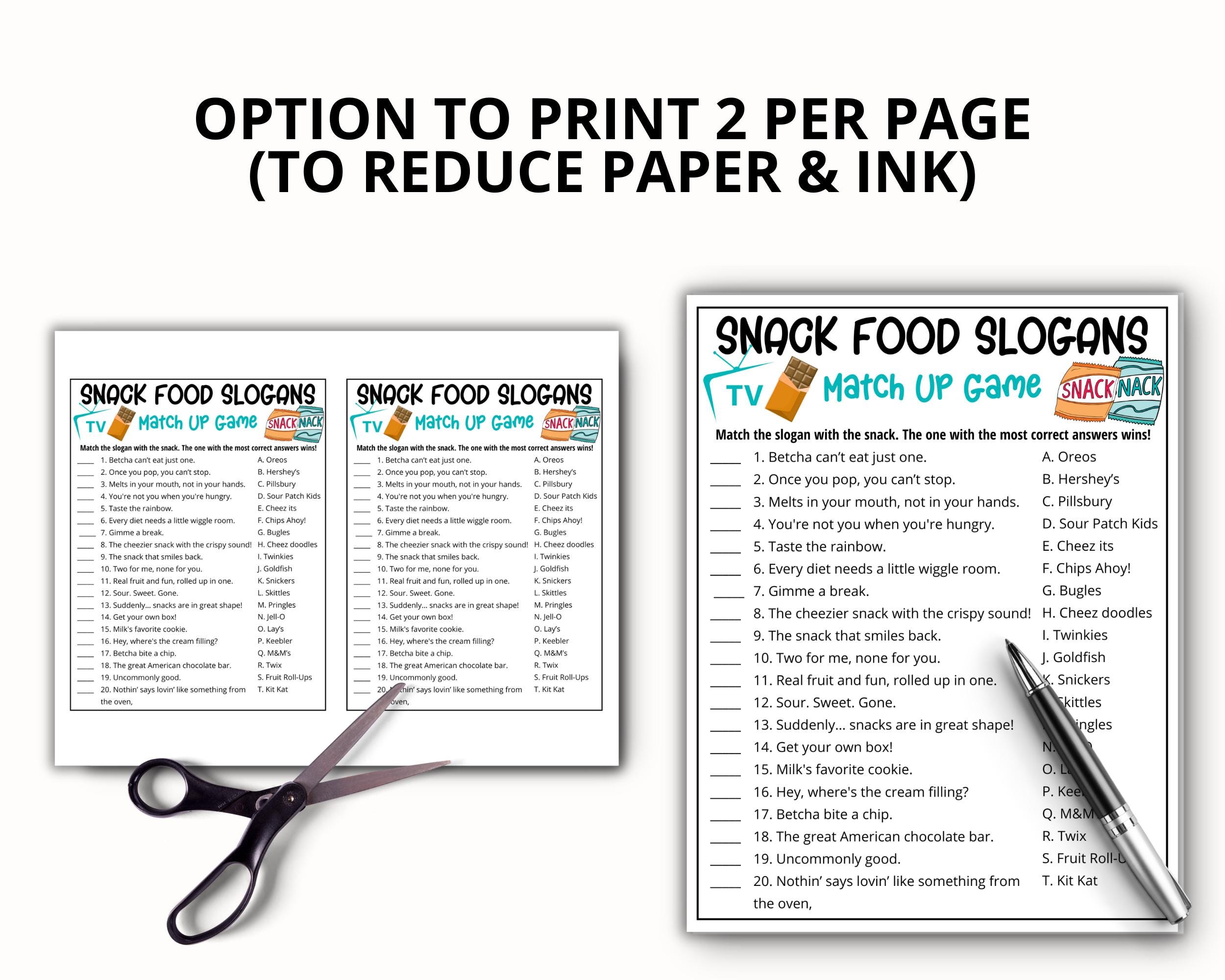 Snack Food Slogan Trivia Game,ad Slogan Match up Quiz,printabletv ...