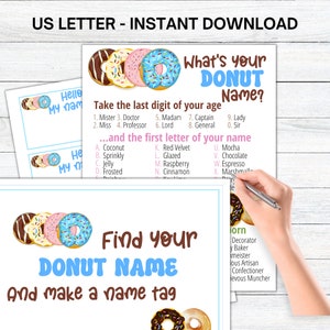 What's Your Donut Name Game WITH NAMETAGS + SIGN, Donut Party Game ...