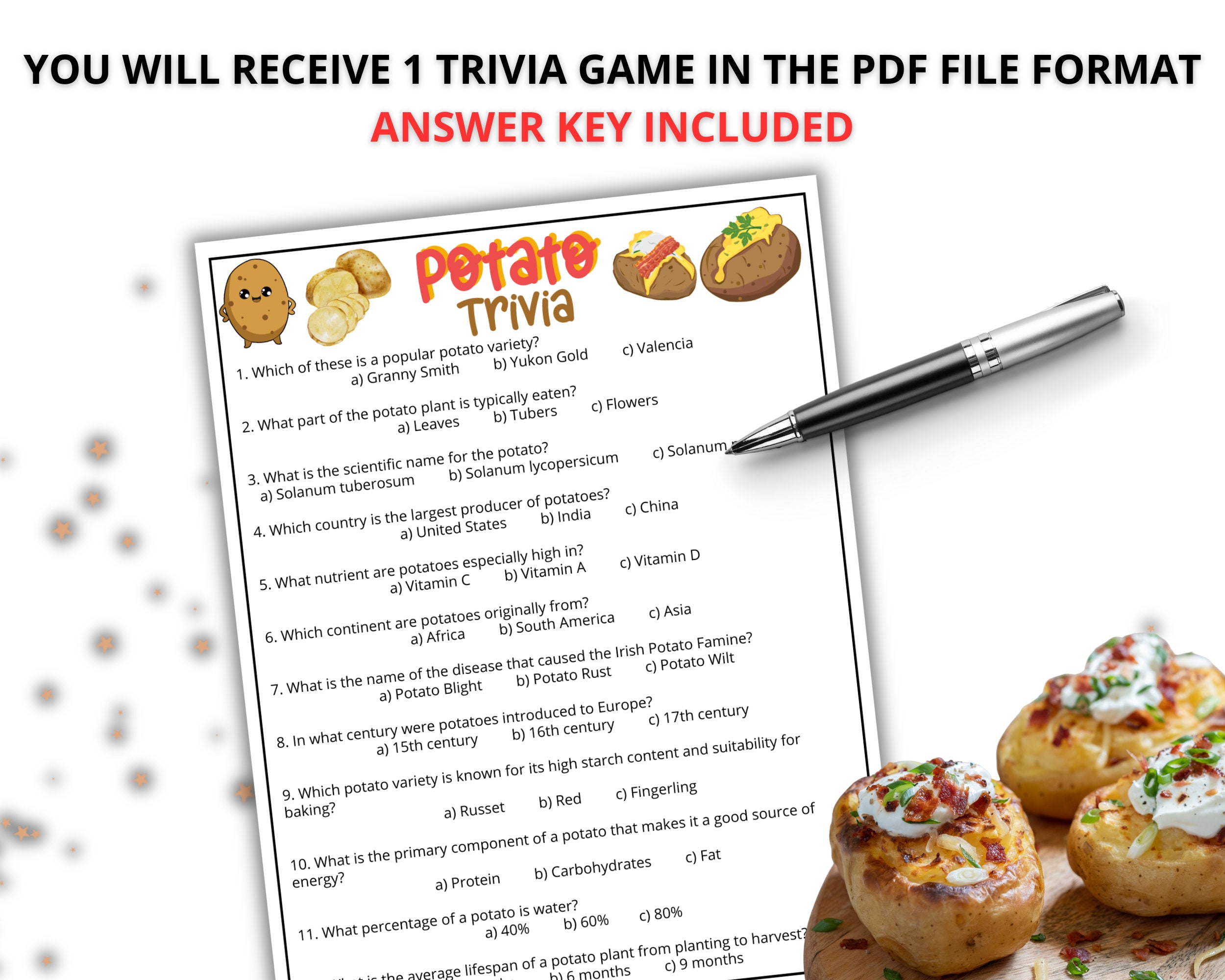 Potato Trivia Game,printable Potato Bar Game for Kids & Adults ...