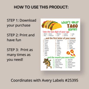 What's Your Taco Name Game WITH NAMETAGS & SIGN, Taco Party Game ...