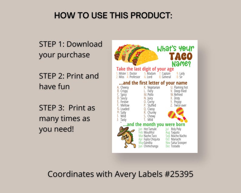 What's Your Taco Name Game WITH NAMETAGS & SIGN, Taco Party Game ...