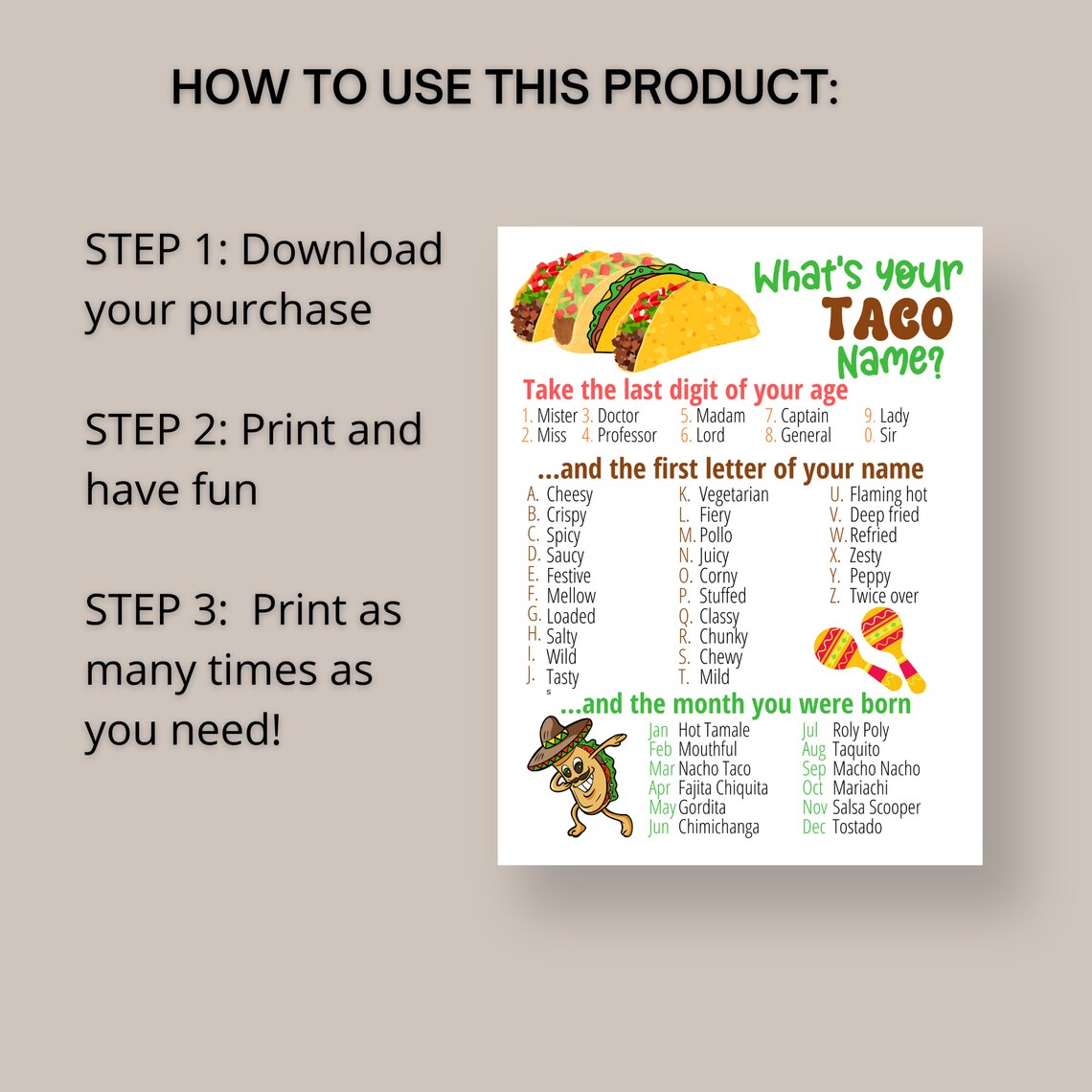 What's Your Taco Name Game WITH NAMETAGS & SIGN Taco - Etsy