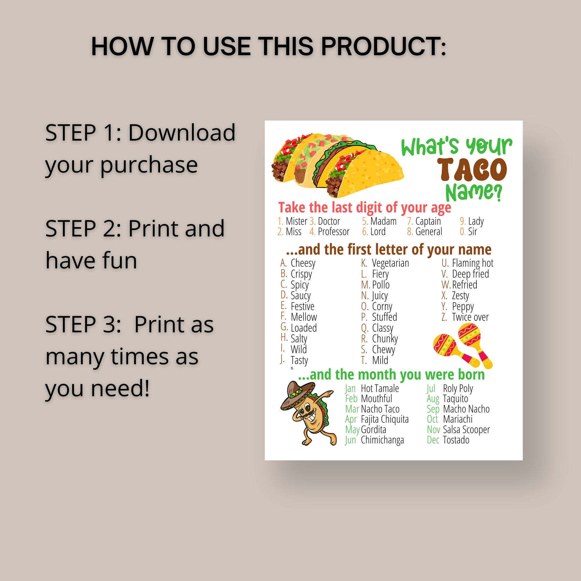 What's Your Taco Name Game WITH NAMETAGS & SIGN Taco - Etsy