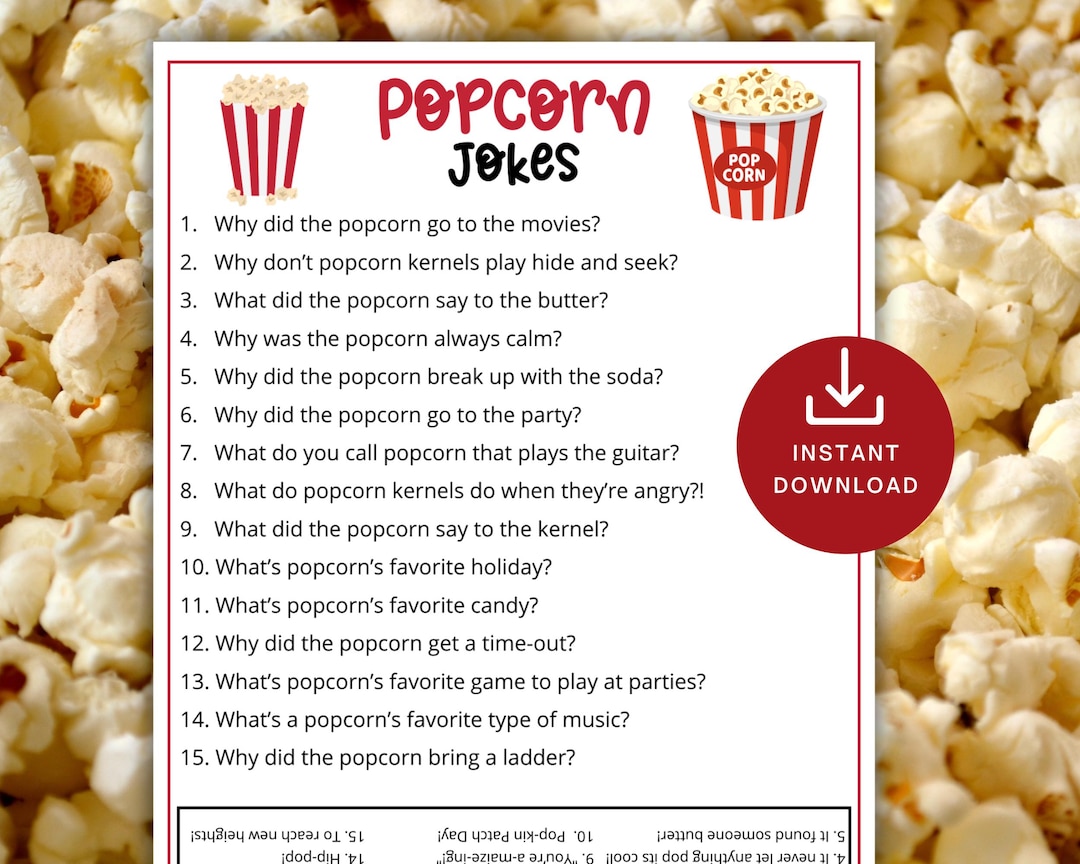 Popcorn Jokes for Kids, Printable Popcorn Pun Game, Popcorn Baby Shower ...