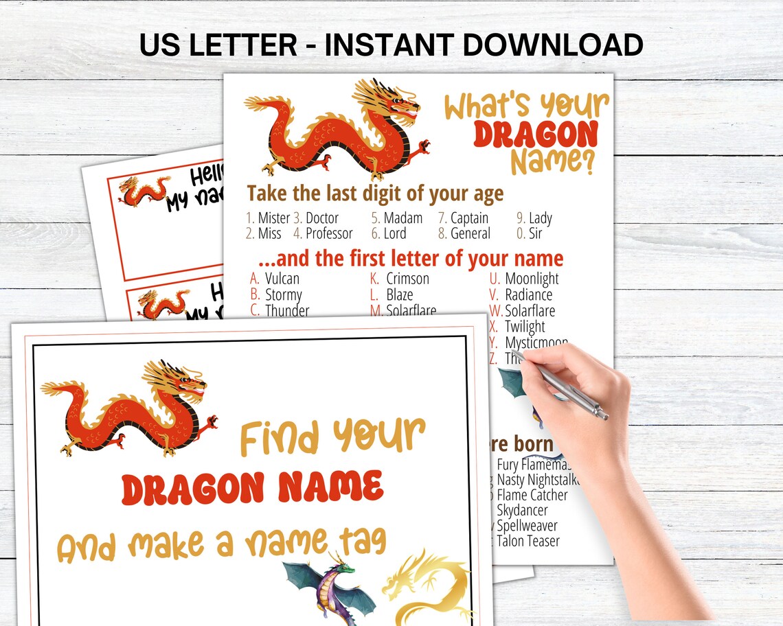 What's Your Dragon Name Game WITH NAMETAGS + Sign,dragon Theme Party ...