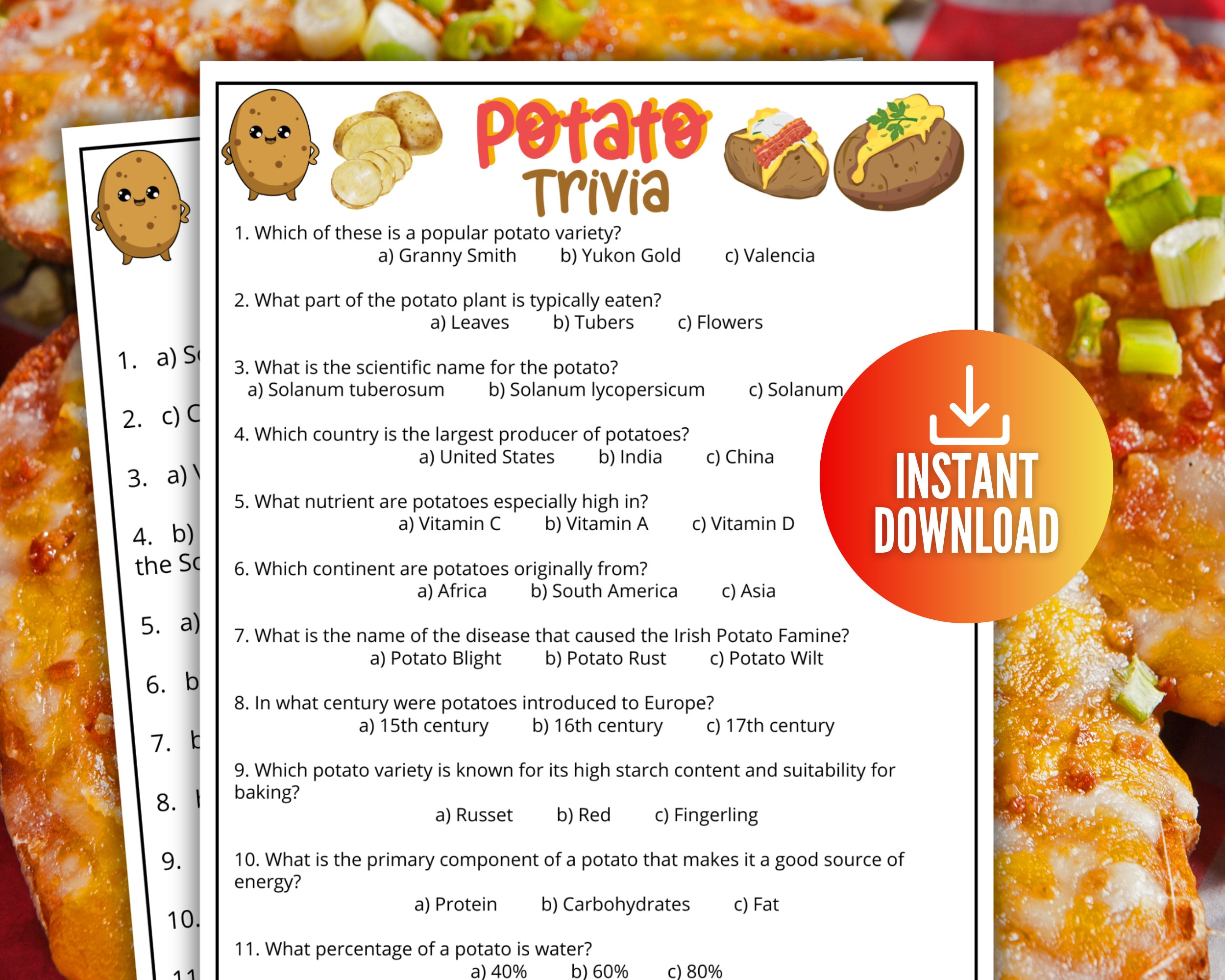 Potato Trivia Game,printable Potato Bar Game for Kids & Adults ...