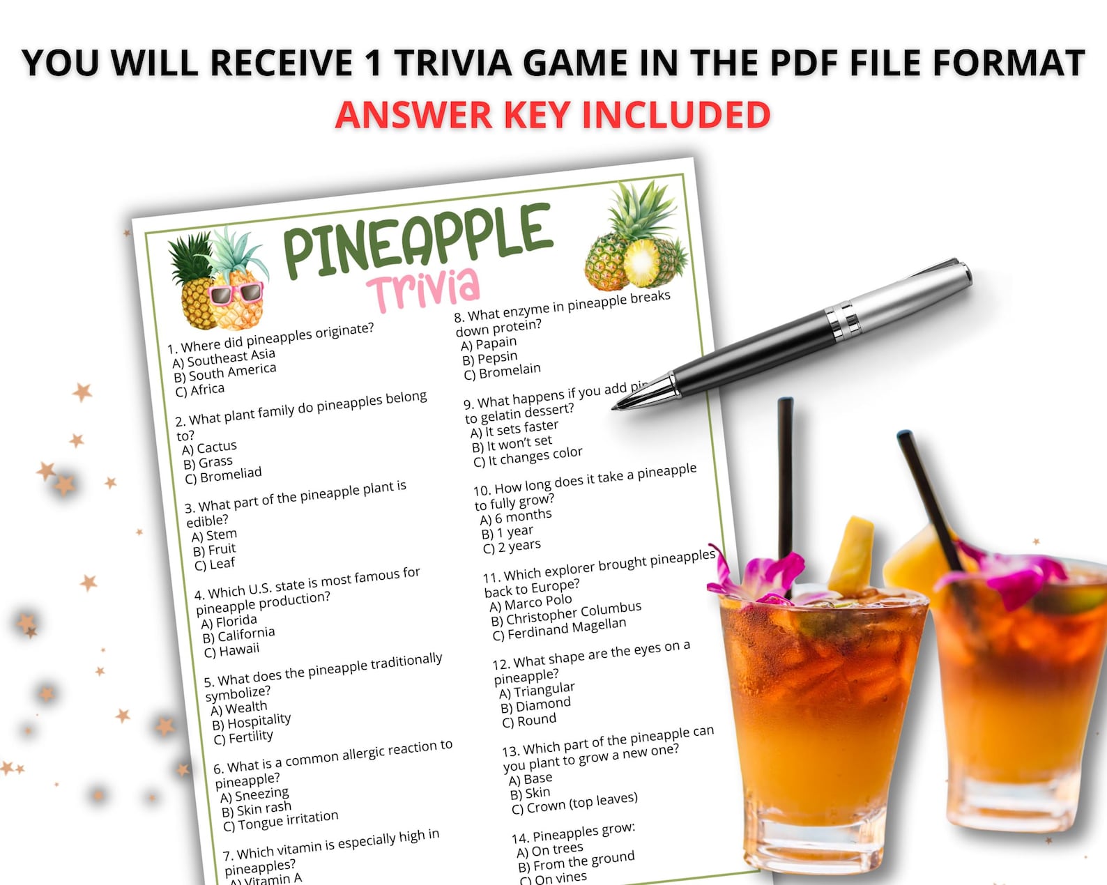 Pineaplle Trivia Game, Printable Hawaiian Luau Game for Kids & Adults ...