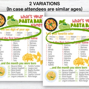 What's Your Pasta Bar Name Game WITH NAMETAGS +SIGN, Pasta Dinner Party ...