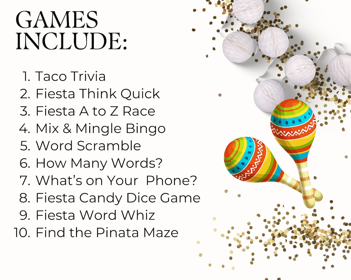 Fiesta Trivia Game Bundle, 10 Mexican Taco Fiesta Games, Quinceañera ...