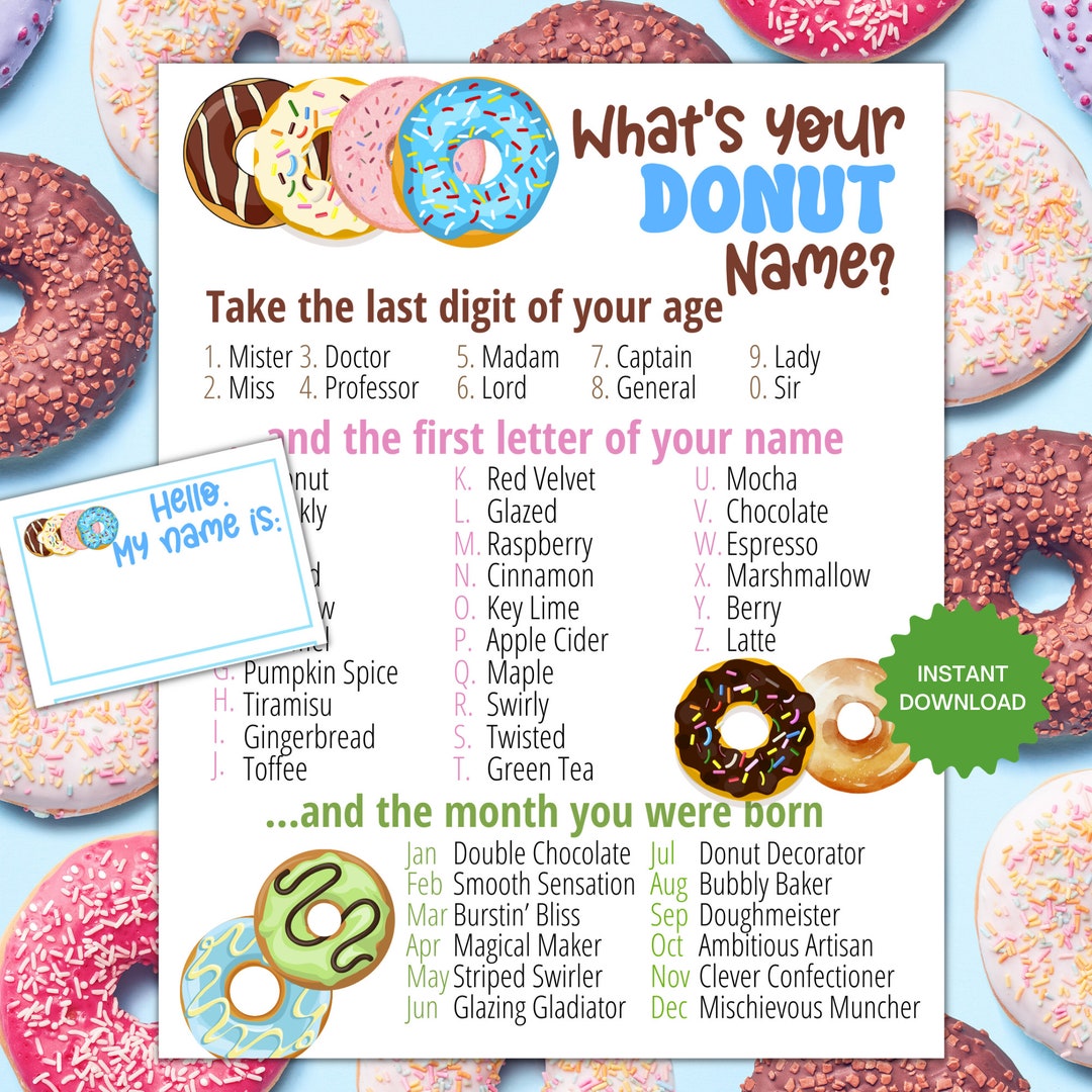 What's Your Donut Name Game WITH NAMETAGS + SIGN, Donut Party Game ...
