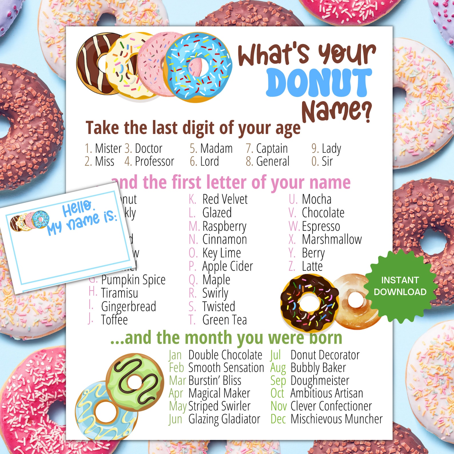 What's Your Donut Name Game WITH NAMETAGS + SIGN, Donut Party Game ...