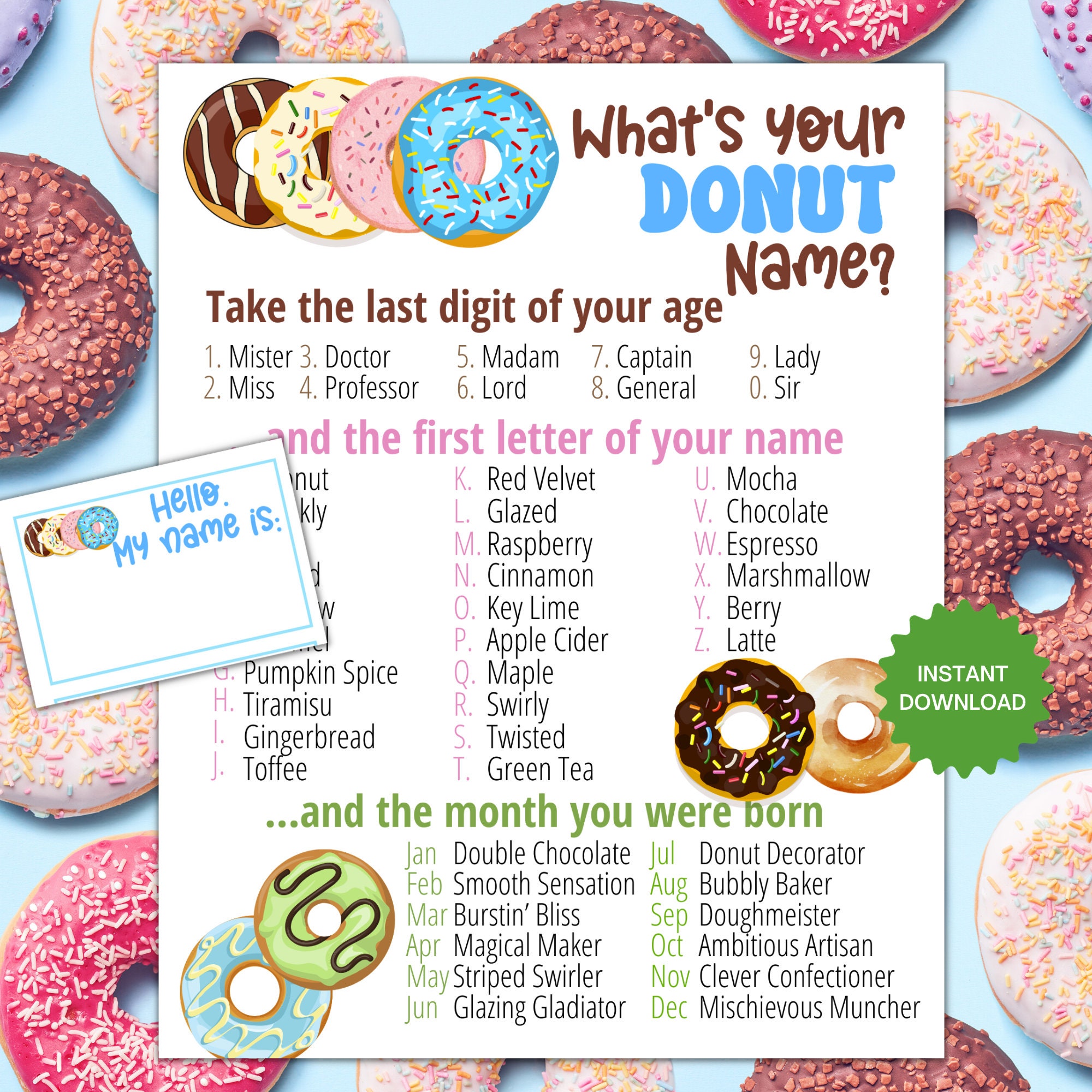 What's Your Donut Name Game WITH NAMETAGS SIGN, Donut Party Game ...