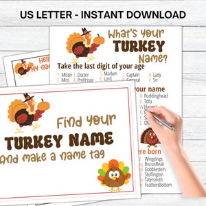What's Your Turkey Name Game WITH NAMETAGS + SIGN, Thanksgiving Game ...