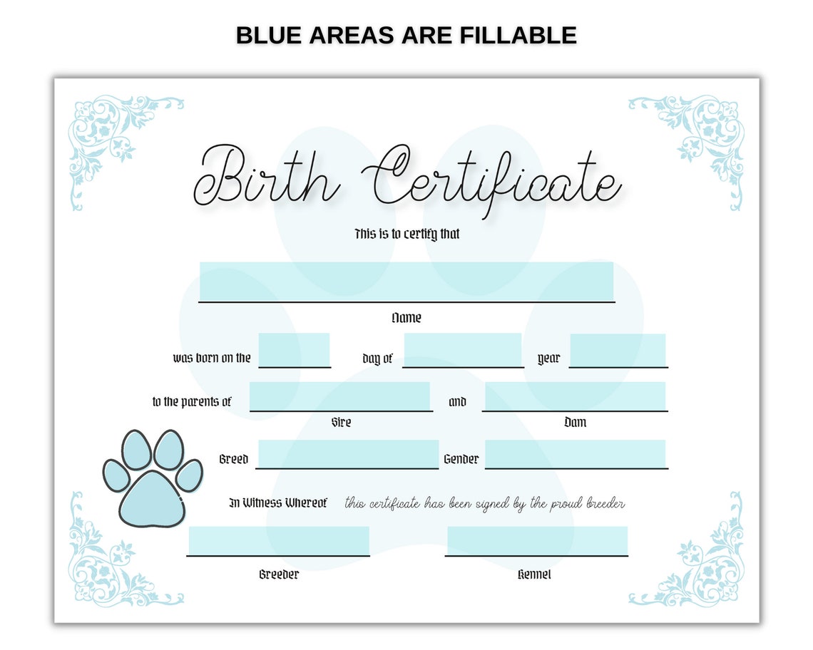 Puppy Birth Certificate Pet Birth Certificate Editable PDF - Etsy