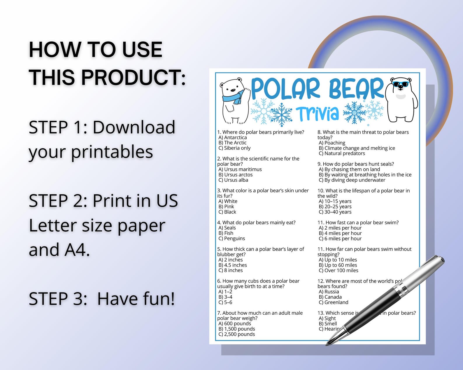 Polar Bear Trivia Game,printable Winter Game for Kids & Adults,polar ...