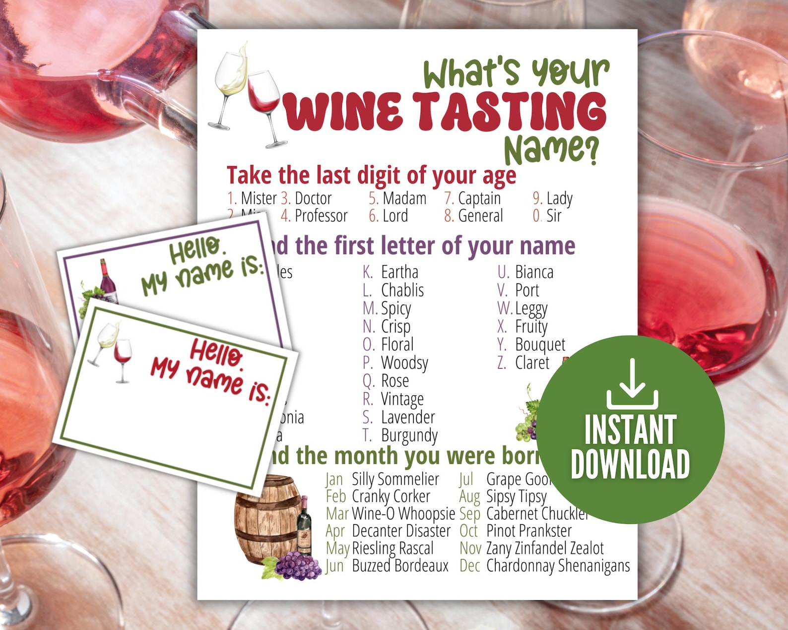What's Your Wine Tasting Name Game WITH NAMETAGS + SIGN, Bridal Party ...