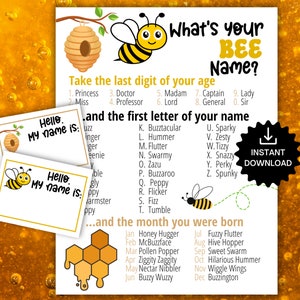 What's Your Bee Name Game WITH NAMETAGS + SIGN, What Will Your Baby Bee ...