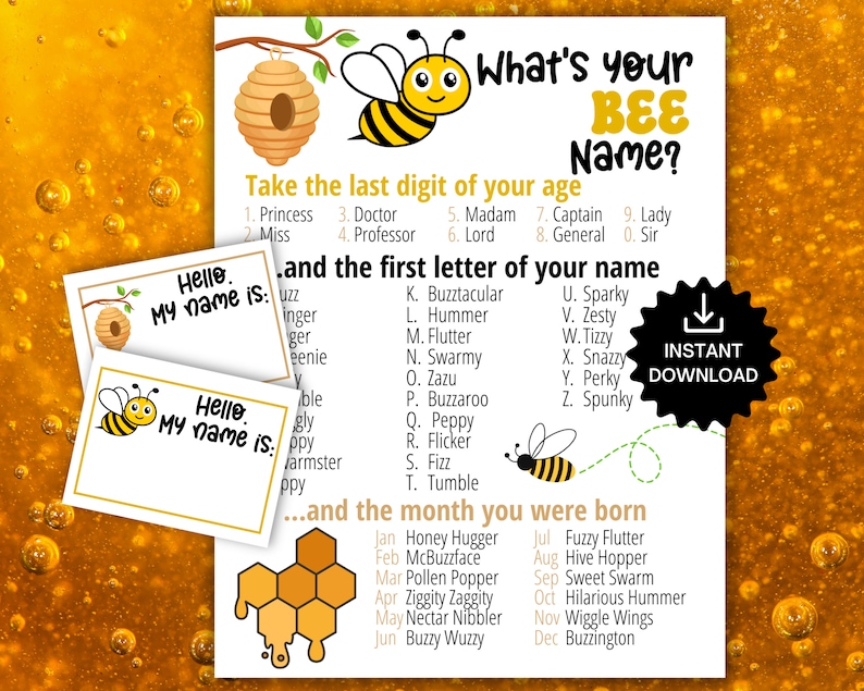 What's Your Bee Name Game WITH NAMETAGS + SIGN, What Will Your Baby Bee ...