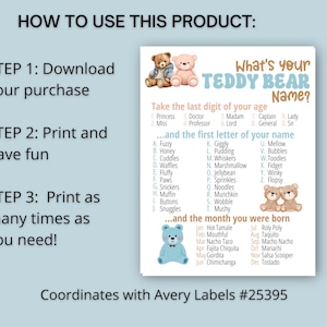 What's Your Teddy Bear Name Game WITH NAMETAGS + SIGN, Game, Teddy Bear ...